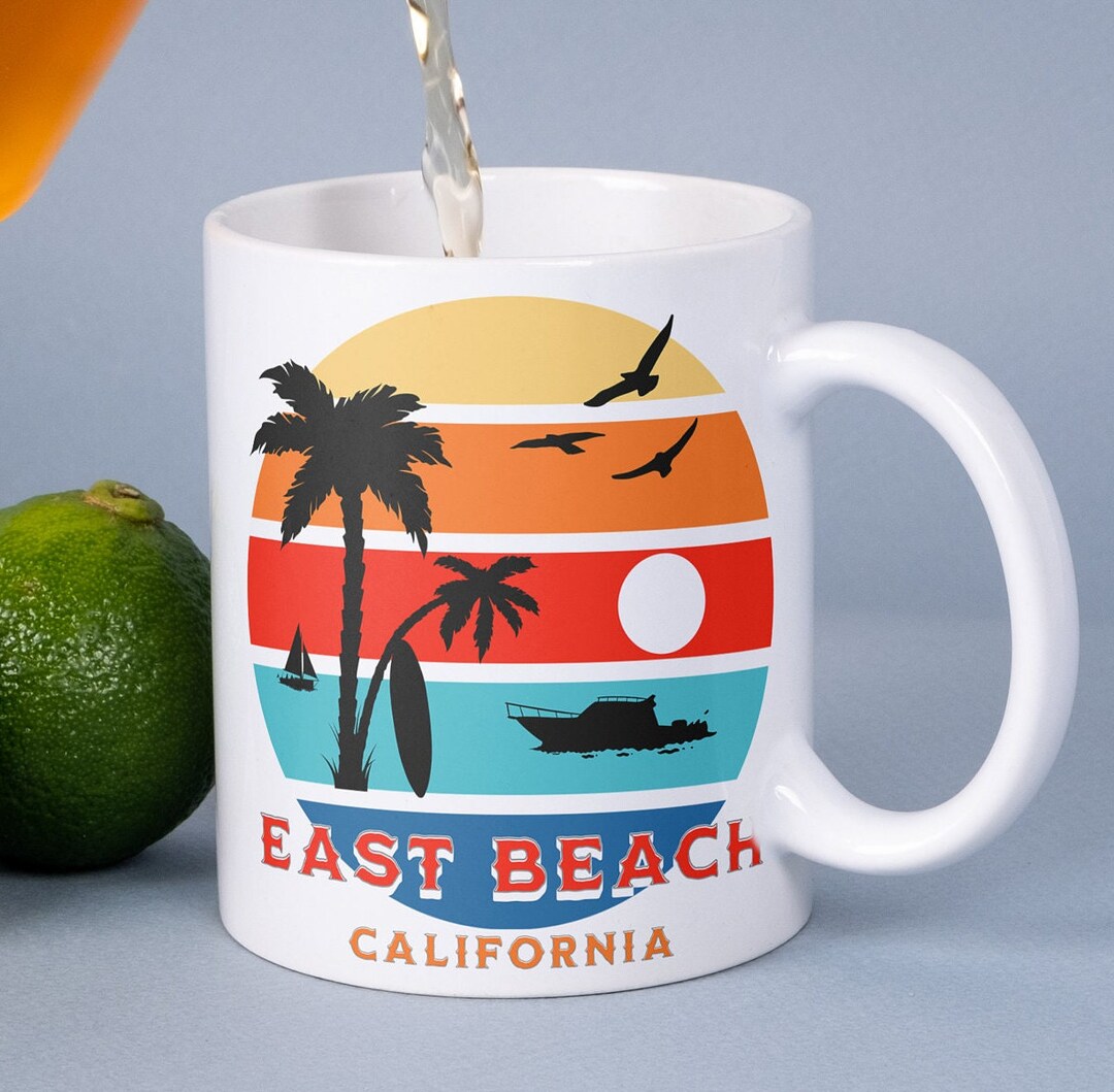 Retro East Beach California Mug With Colorful Palm Tree and Sunset ...