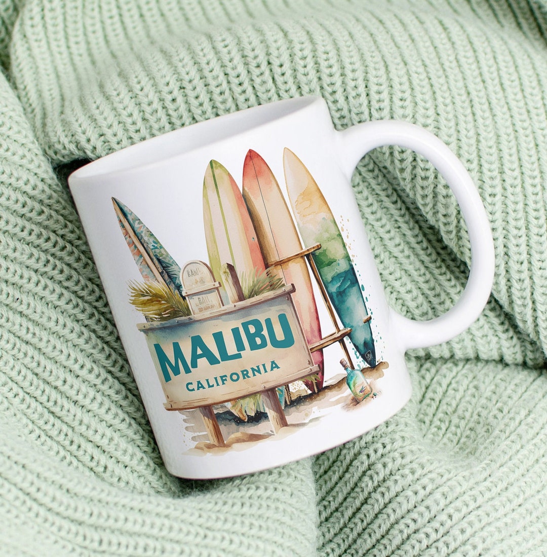 Malibu California Surfboard Beach Scene Watercolor Art Mug, Tropical ...