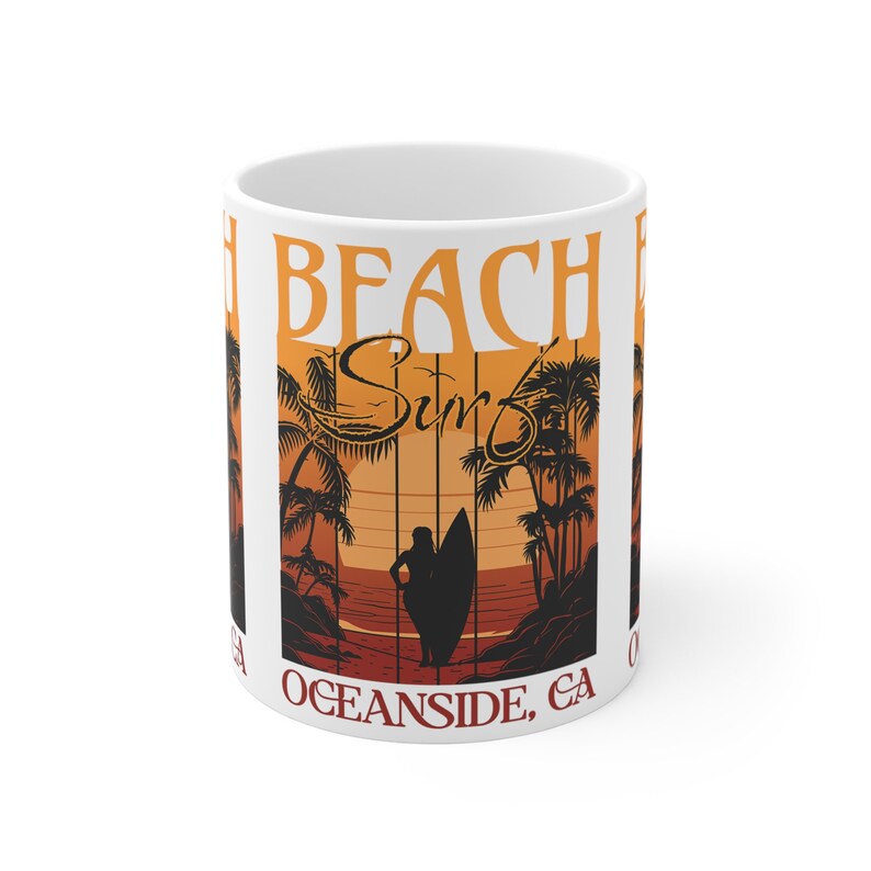 Oceanside California Mug, Sunset Surfing Design, Surfboard and Palms ...