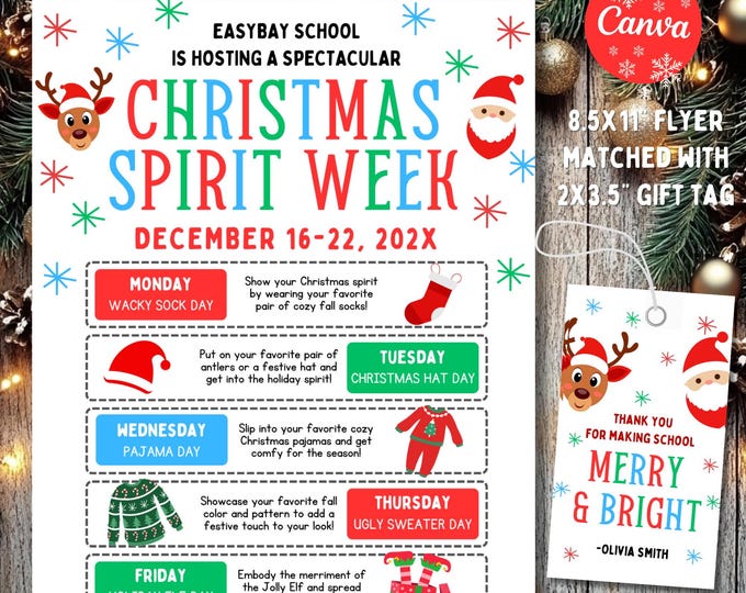 Editable Christmas Spirit Week Flyer Canva Template, School Spirit ...