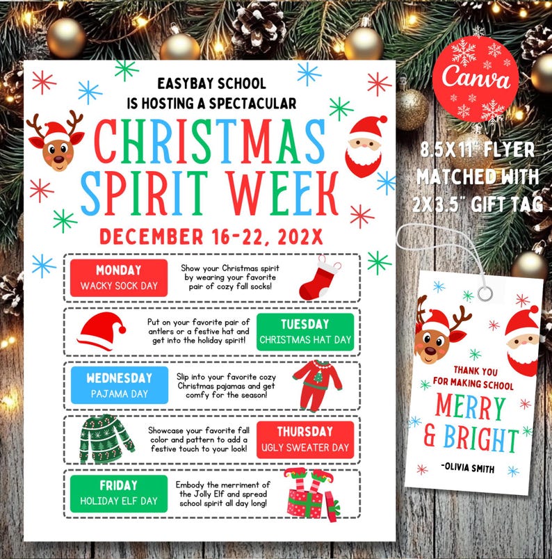 Editable Christmas Spirit Week Itinerary Flyer DIY Holiday Dress up ...