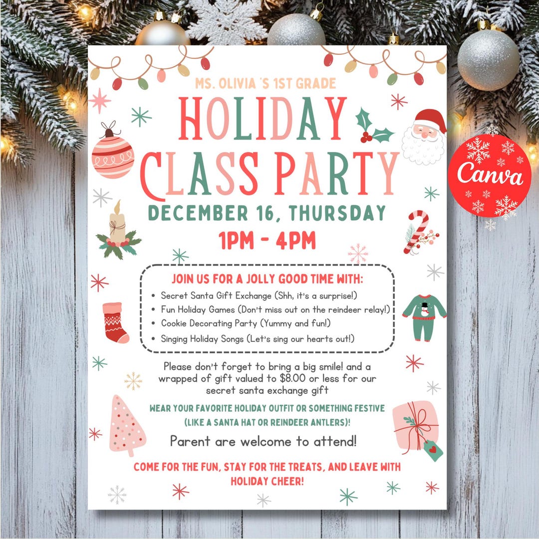 Holiday Class Party Invitation Flyer Classroom Christmas Holiday Party ...
