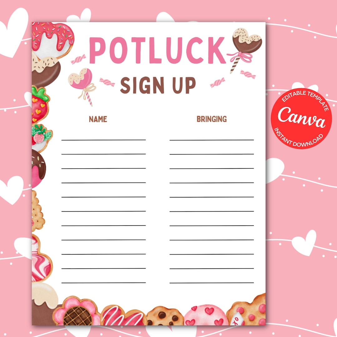 Valentines Day Potluck Sign-up Sheet Editable Template Valentine Food ...