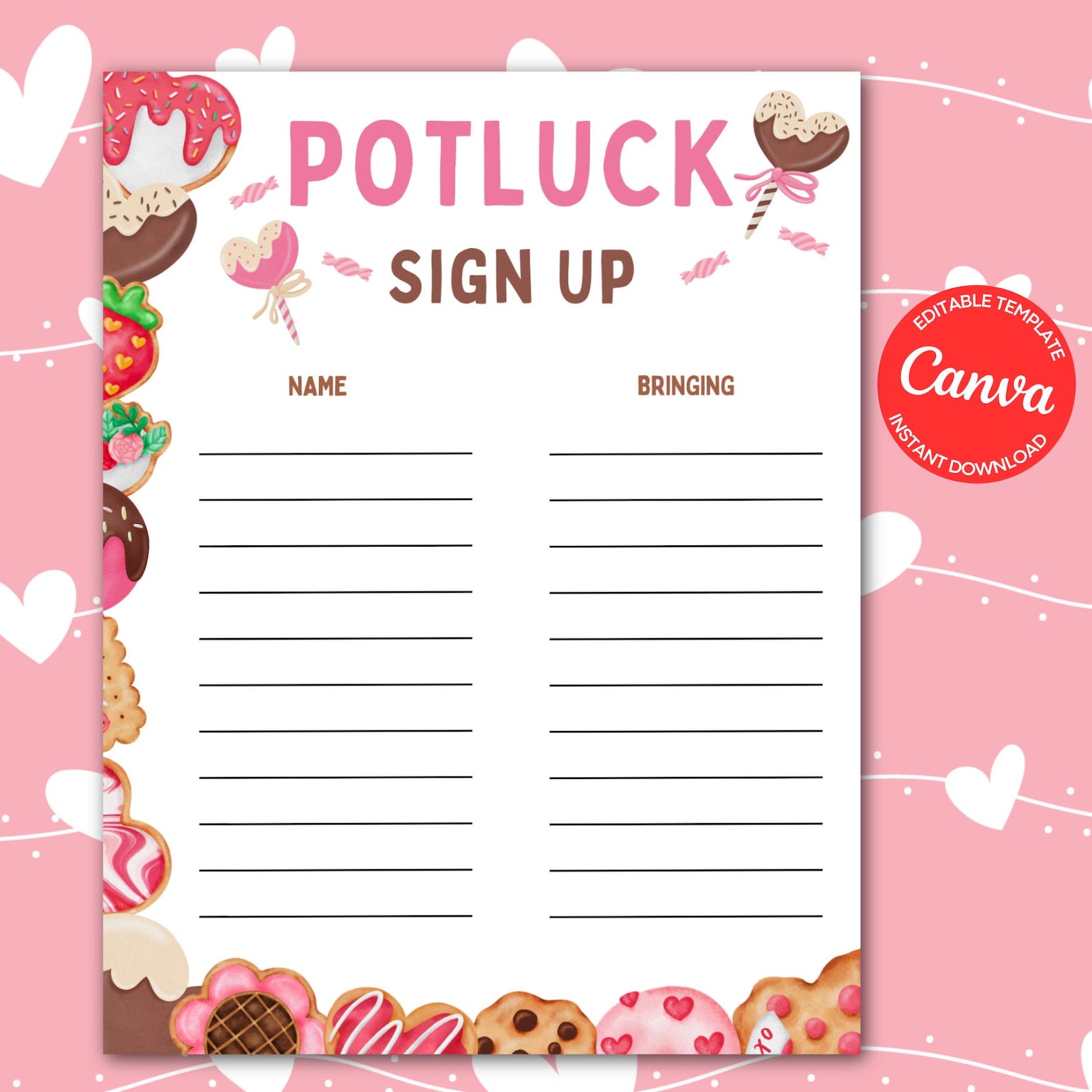 Valentine’s Day Potluck Sign-up Sheet Editable Template Valentine Food ...