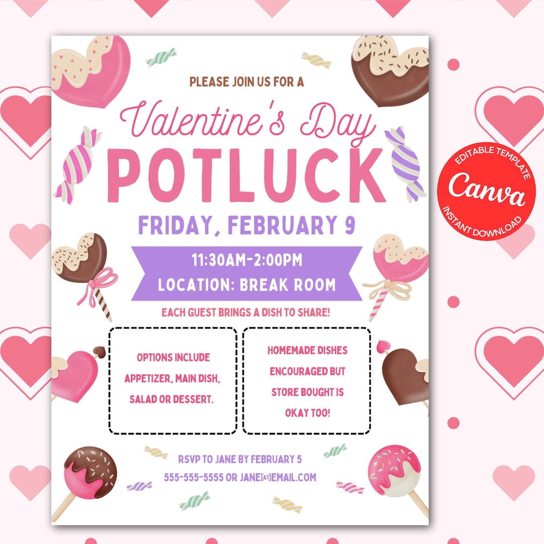 Editable Valentines Dessert Potluck Flyer Template School PTO PTA Work ...