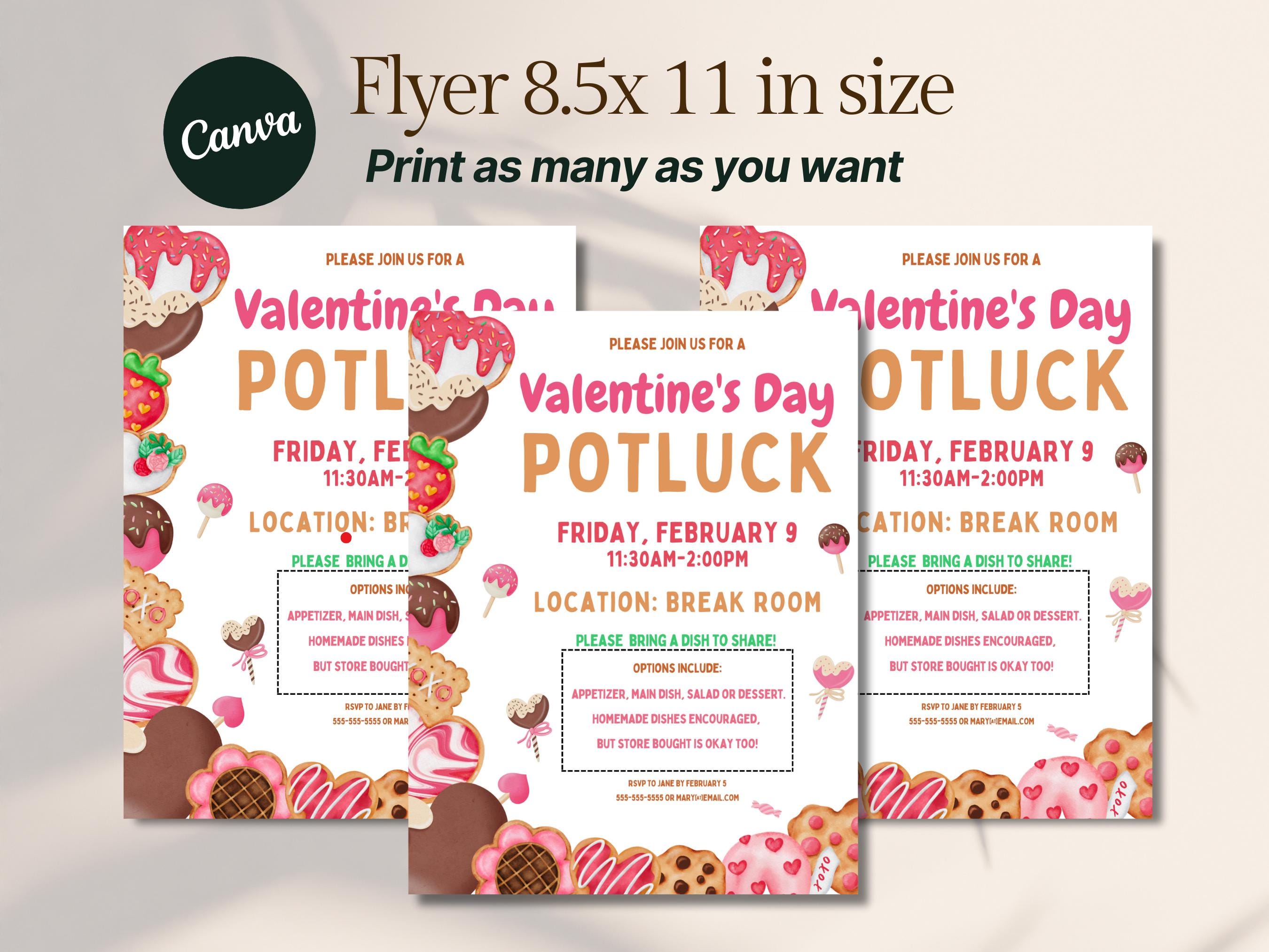 Valentines Day Potluck Flyer Template Editable Office Potluck Flyer ...