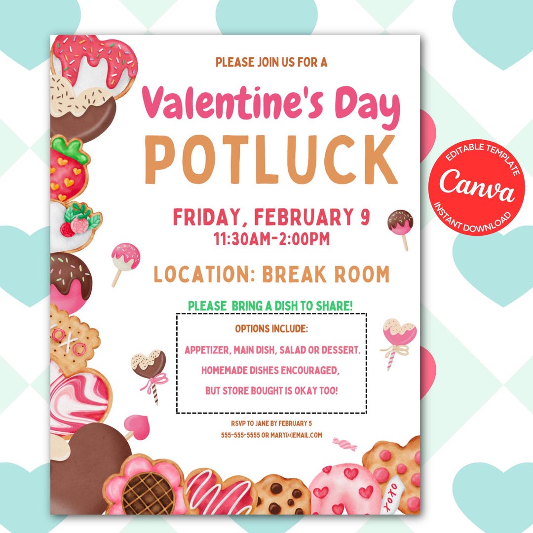 Valentines Day Potluck Flyer Template Editable Office Potluck Flyer ...