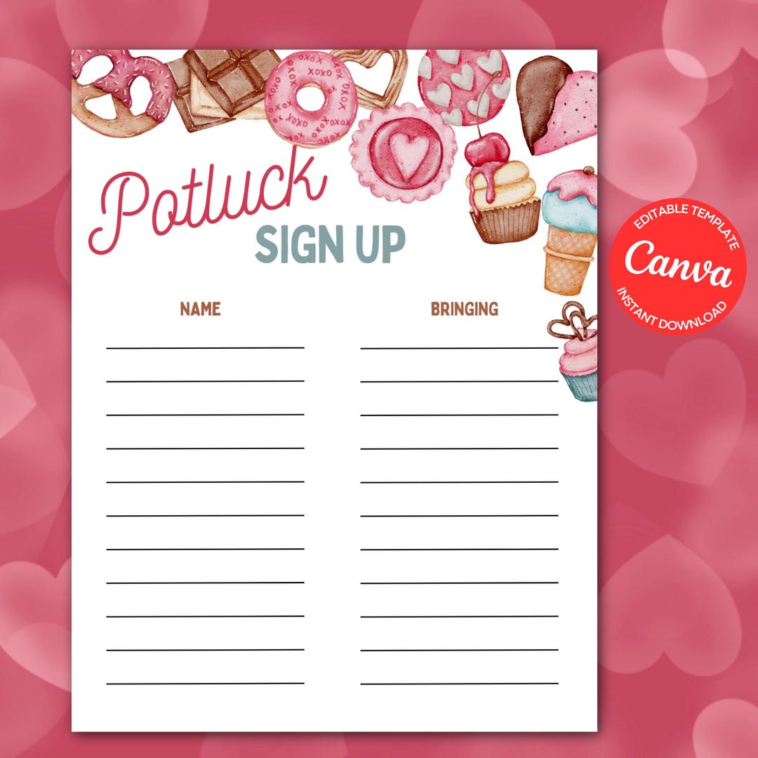 Valentines Day Potluck Sign up Sheet Printable Template Valentines ...
