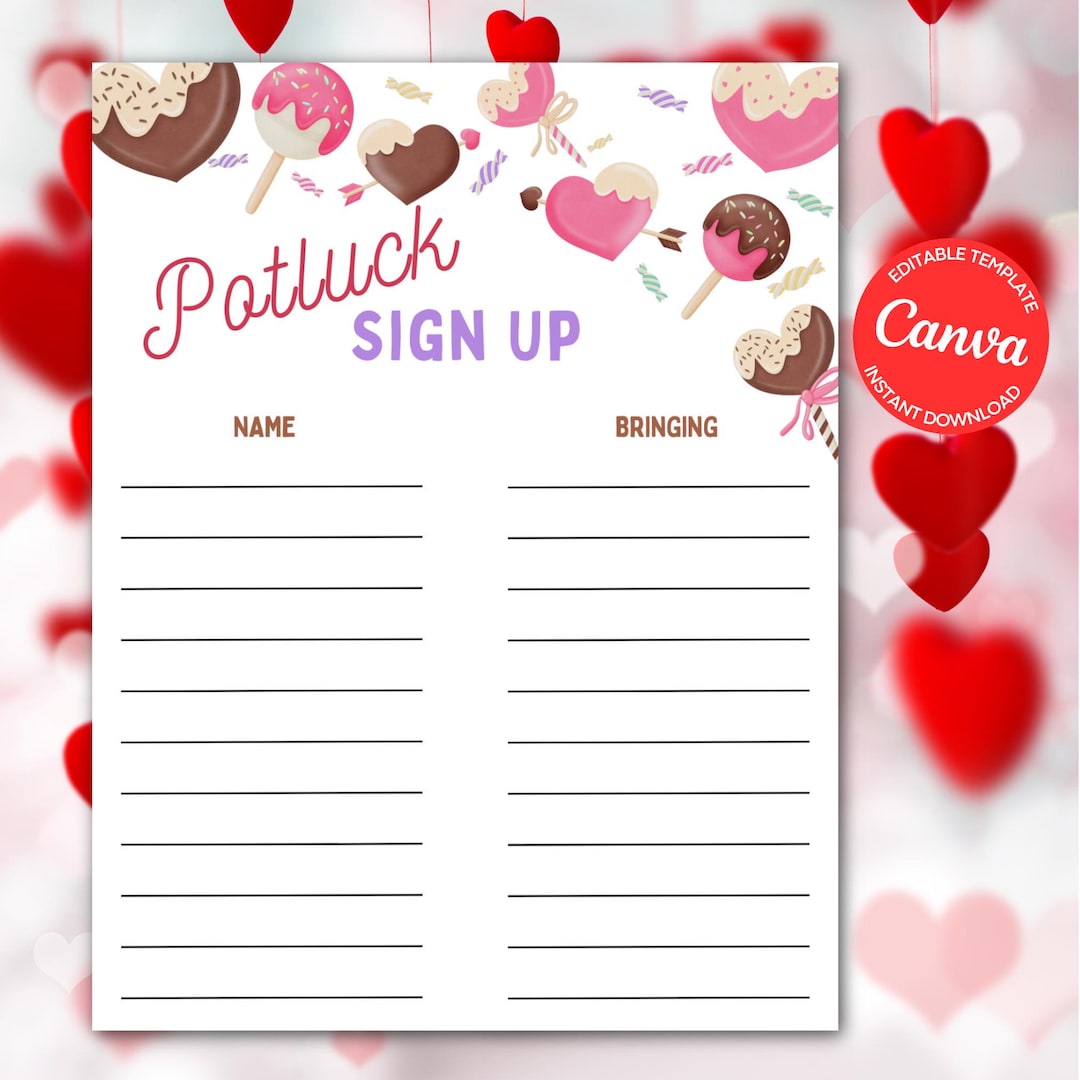 Valentines Potluck Sign up Sheet Flyer Template Editable Valentines ...