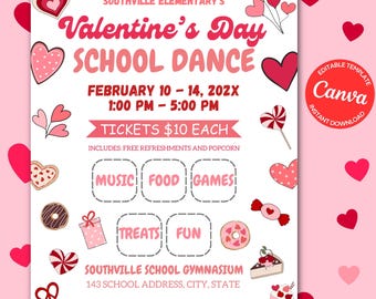 Valentine's Day Sweetheart Dance Flyer Editable Template, Valentines ...