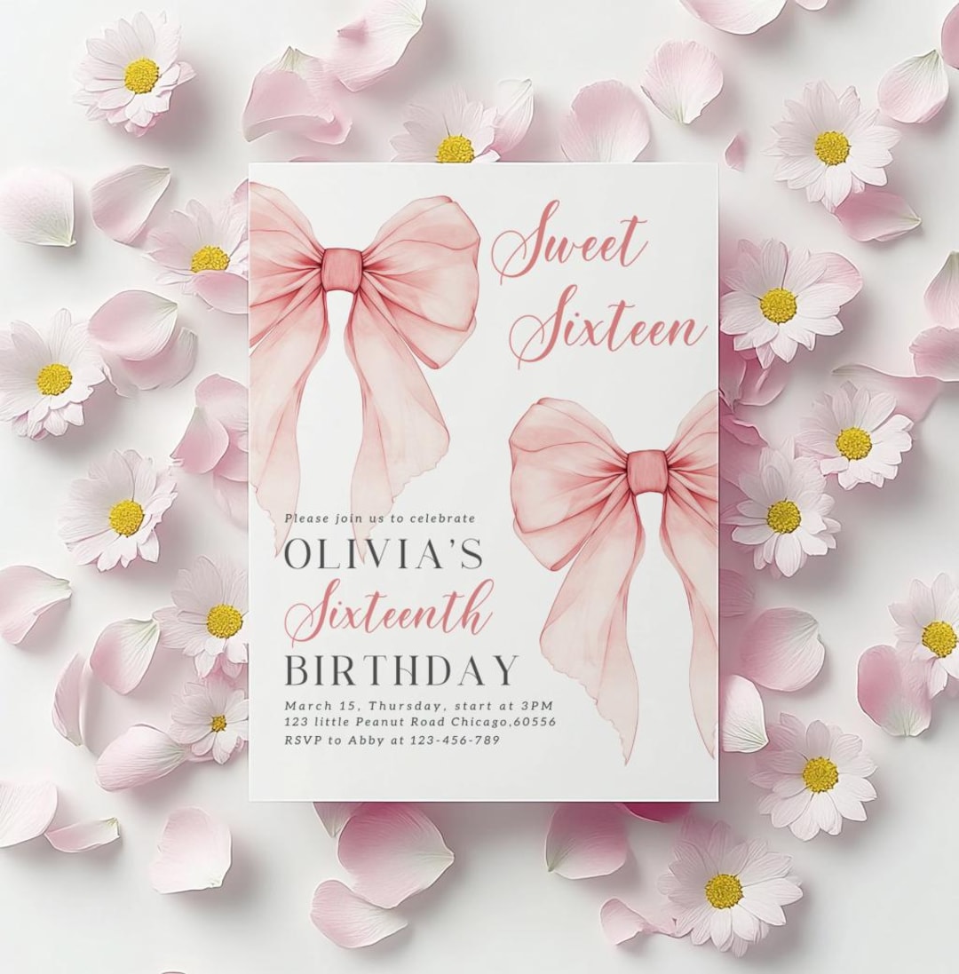 Pink Bow Sweet 16 Birthday Invitation Editable Sweet Sixteen Girl ...