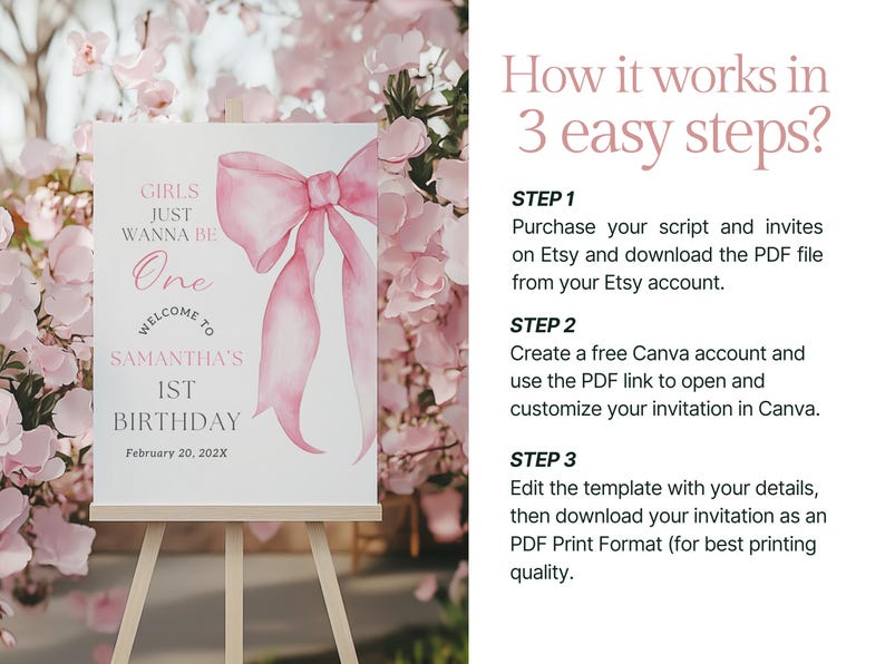 Pink Bow Welcome Sign Editable Pink Bow 1st Birthday Welcome Sign Canva ...