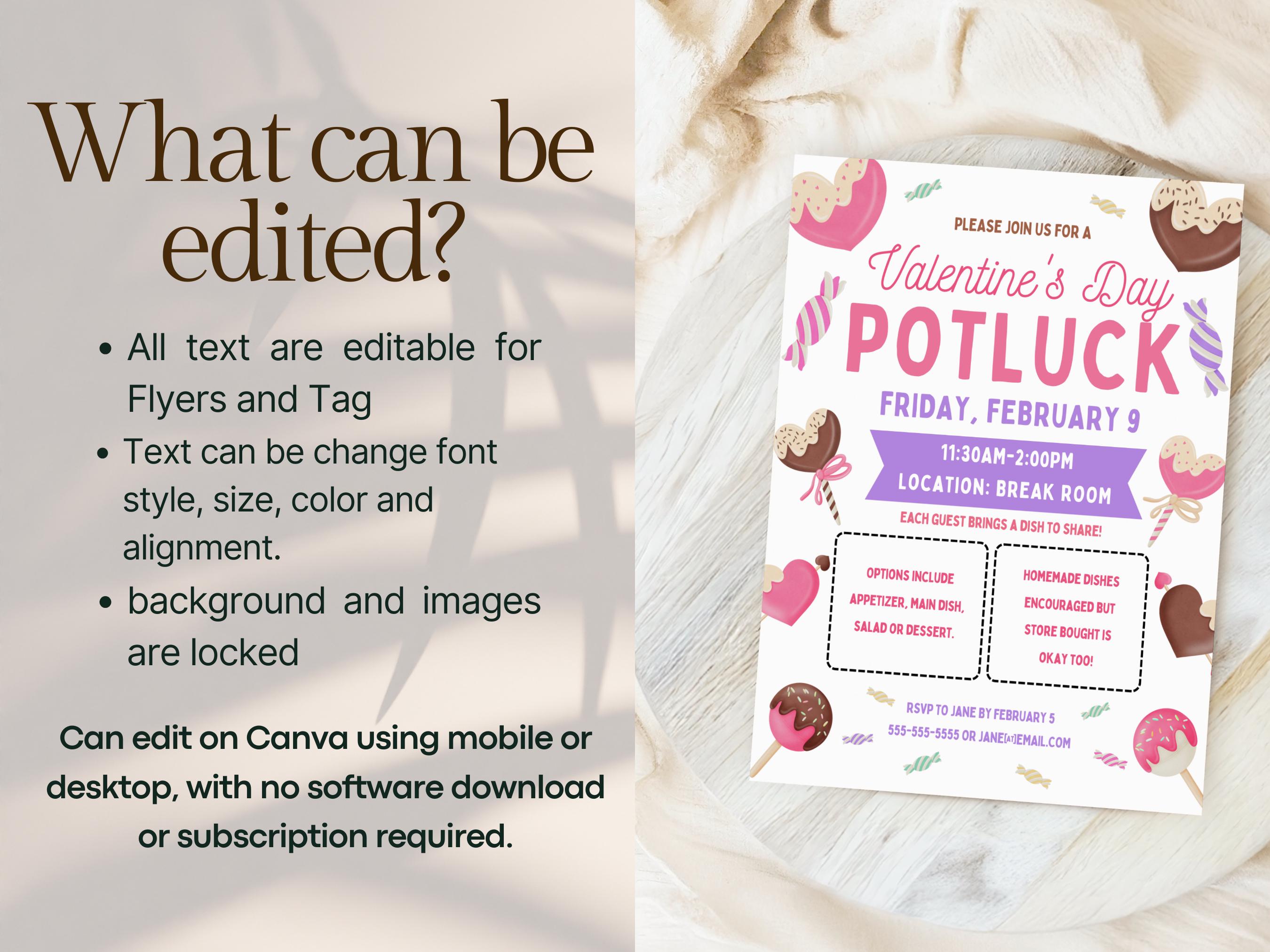 Editable Valentines Dessert Potluck Flyer Template School PTO PTA Work ...