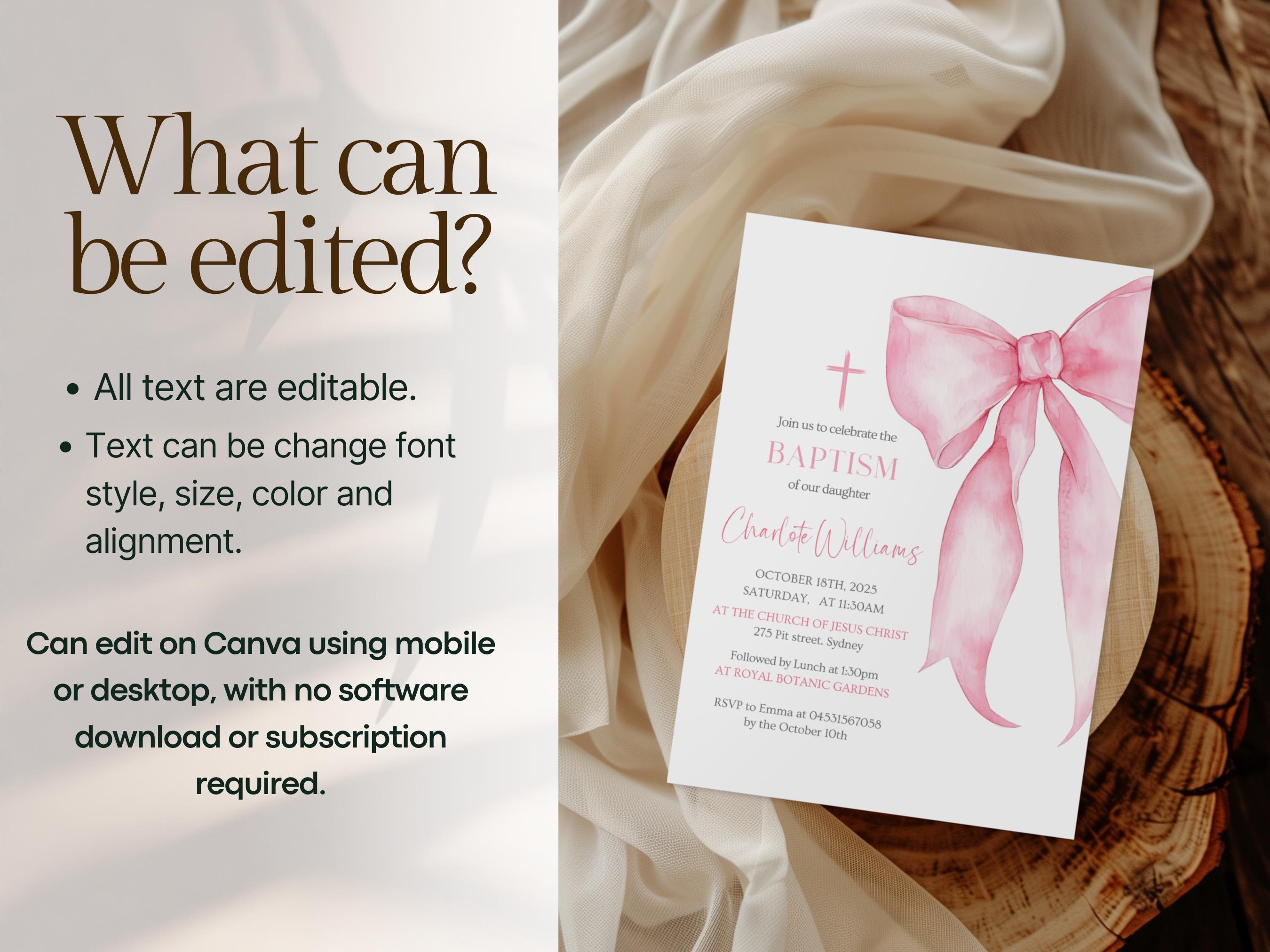 Baptism Invitation Editable Pink Bow for Girl Christening Invitation ...