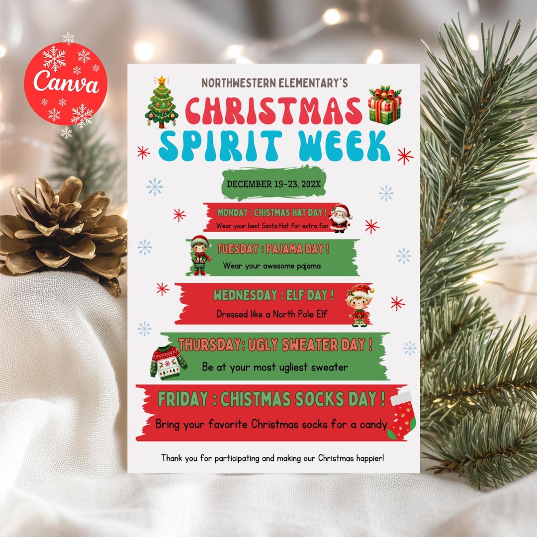 Editable Holiday School Spirit Week Flyer Customizable PTO PTA Schedule ...