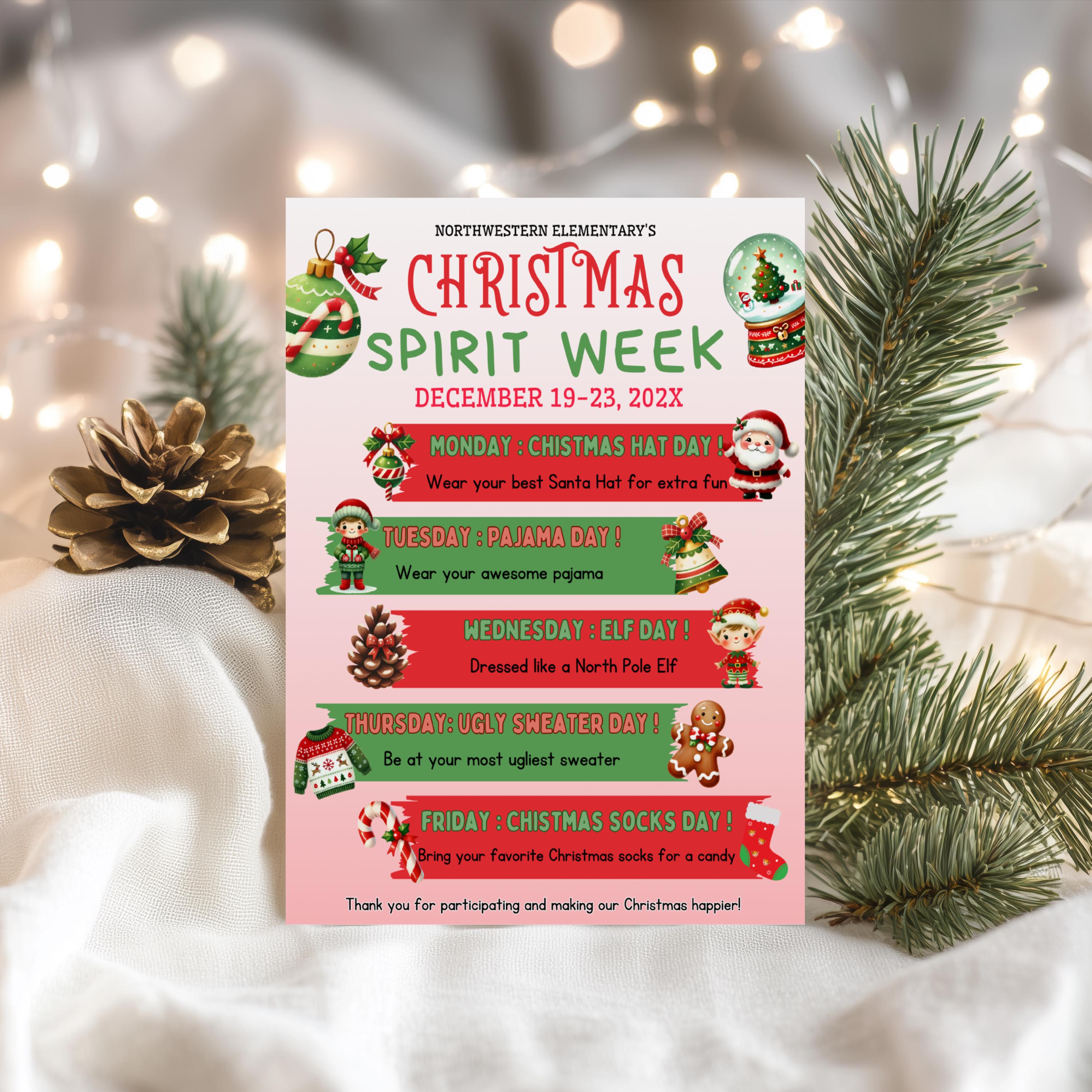 Customizable Holiday School Spirit Week Flyer Editable PTO PTA Schedule ...
