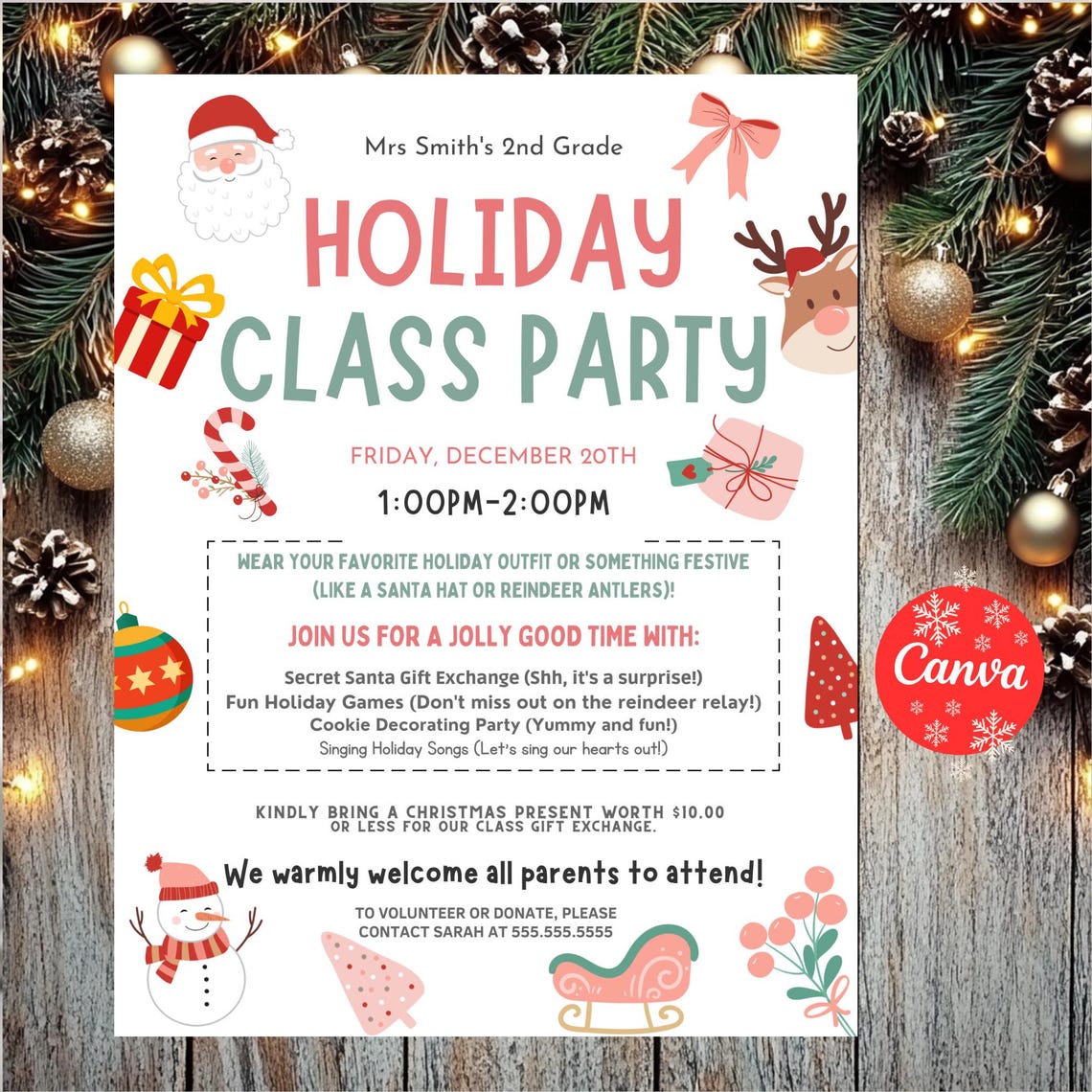 Editable Holiday Classroom Party Invitation Flyer Printable Christmas ...