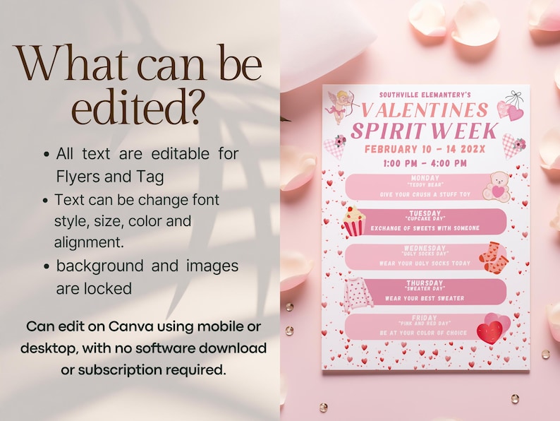 Valentine's Spirit Week Editable Itinerary Schedule Event Printable ...