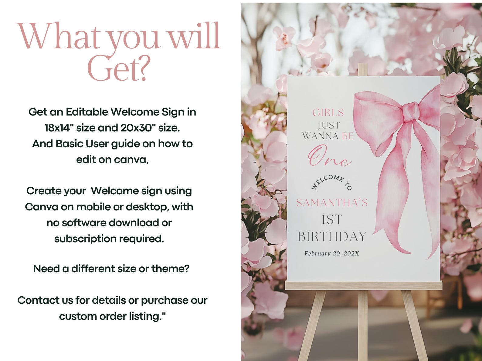 Pink Bow Welcome Sign Editable Pink Bow 1st Birthday Welcome Sign Canva ...
