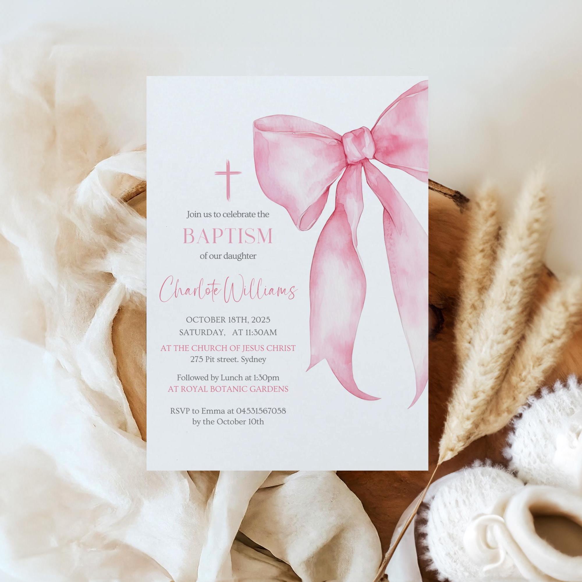 Baptism Invitation Editable Pink Bow for Girl Christening Invitation ...