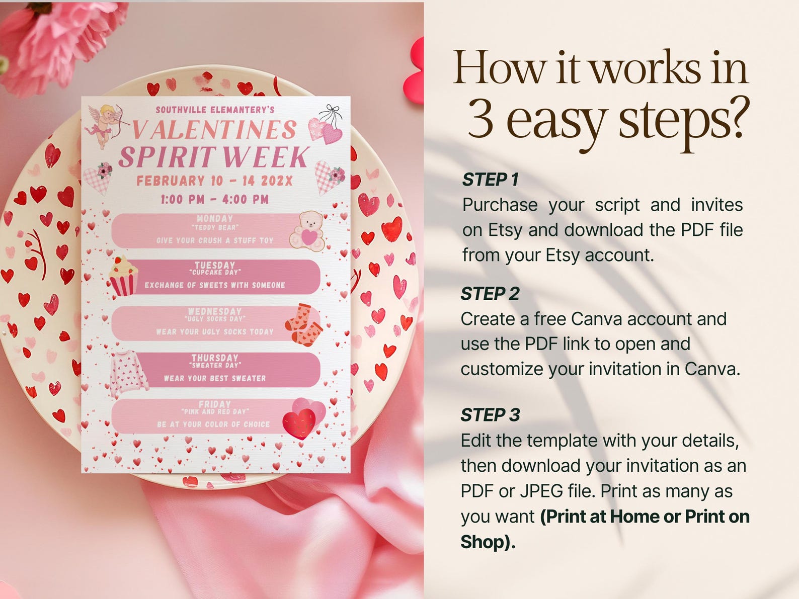 Valentine's Spirit Week Editable Itinerary Schedule Event Printable ...