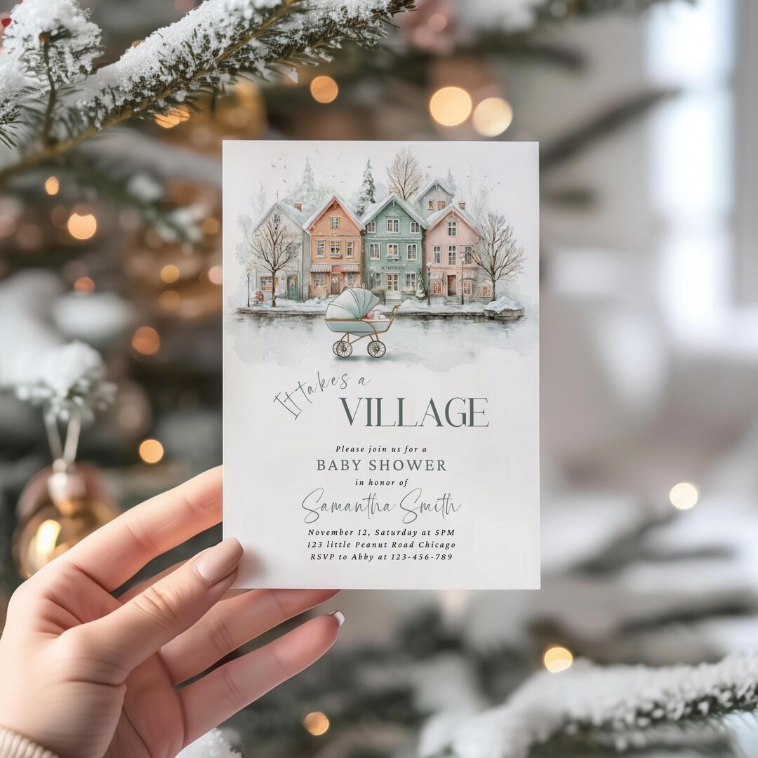 It Takes a Village Baby Shower Invite Editable Snowy Village Winter ...