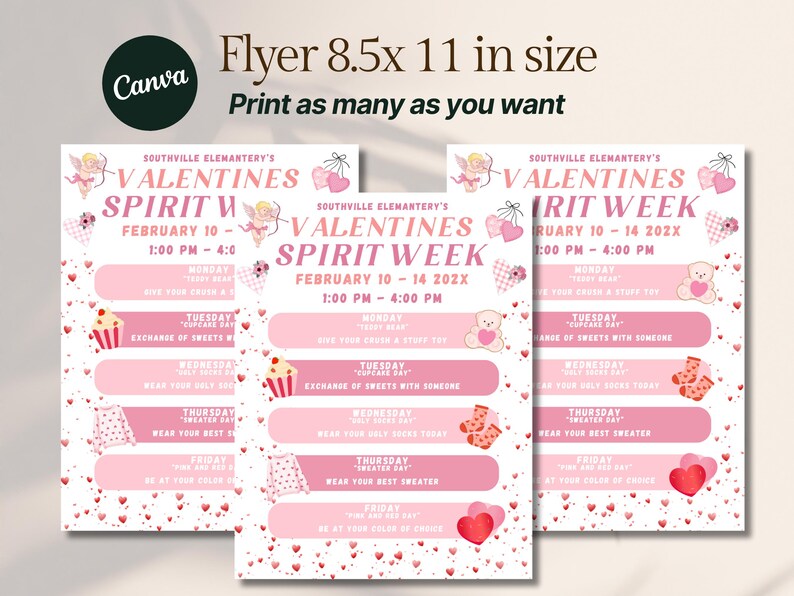 Valentine's Spirit Week Editable Itinerary Schedule Event Printable ...