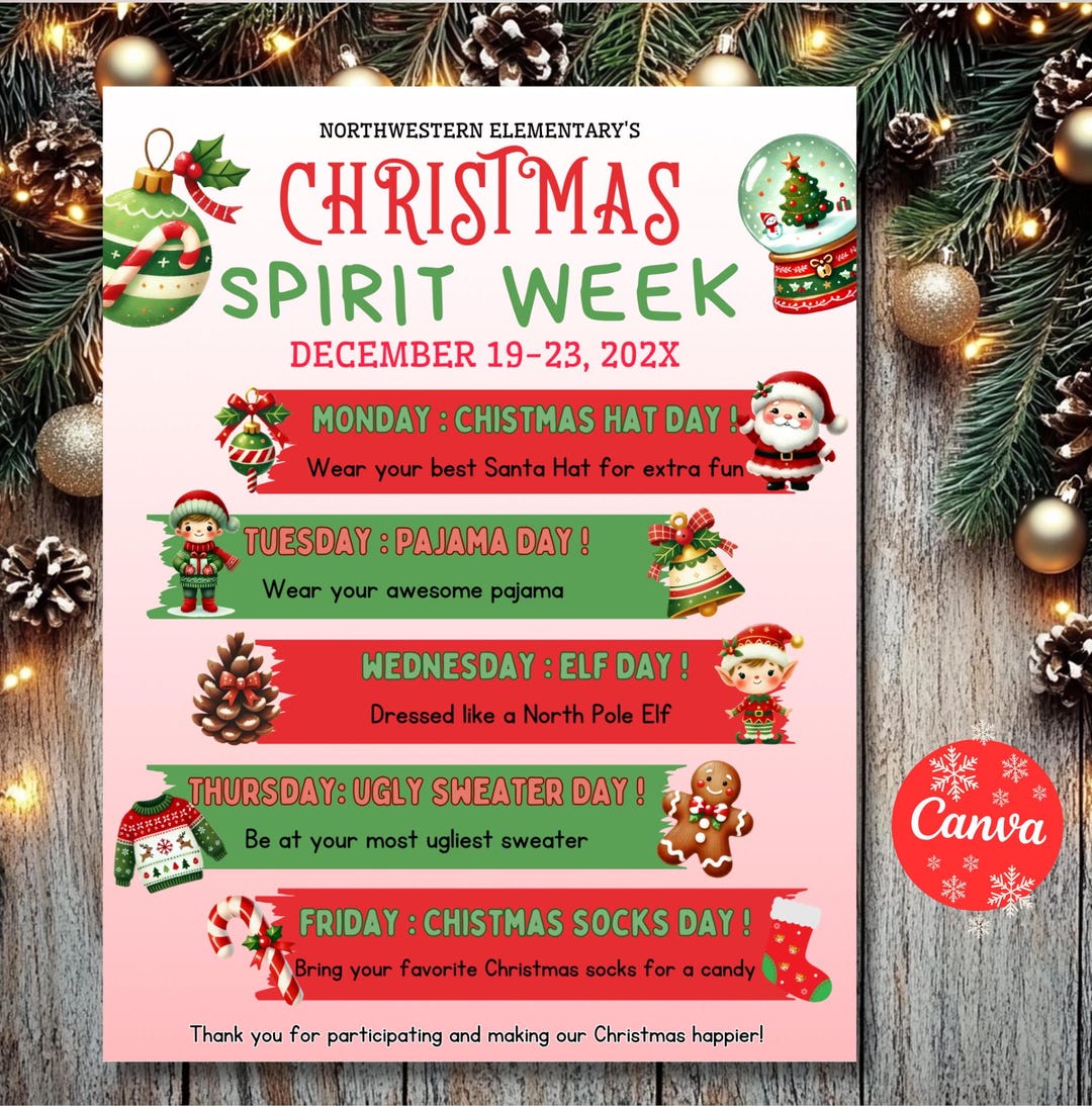 Customizable Holiday School Spirit Week Flyer Editable PTO PTA Schedule ...
