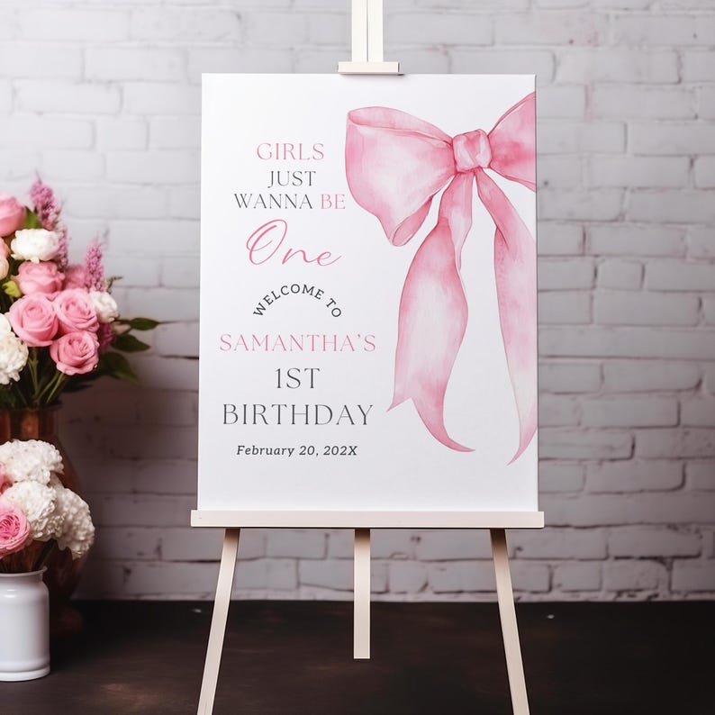 Pink Bow Welcome Sign Editable Pink Bow 1st Birthday Welcome Sign Canva ...