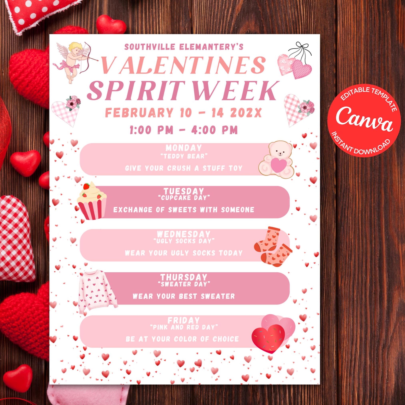 Valentine's Spirit Week Editable Itinerary Schedule Event Printable ...
