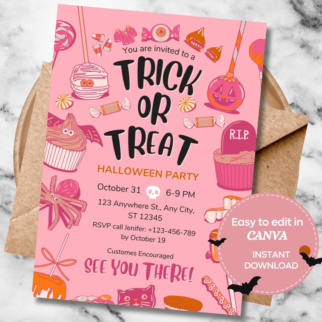 Editable Pink Trick or Treat Halloween Party Invitation for Girly ...