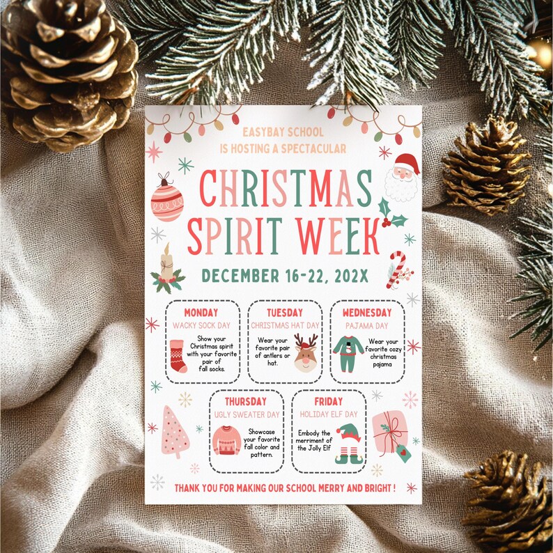 Editable Christmas Spirit Week Itinerary Flyer DIY Holiday Dress up ...