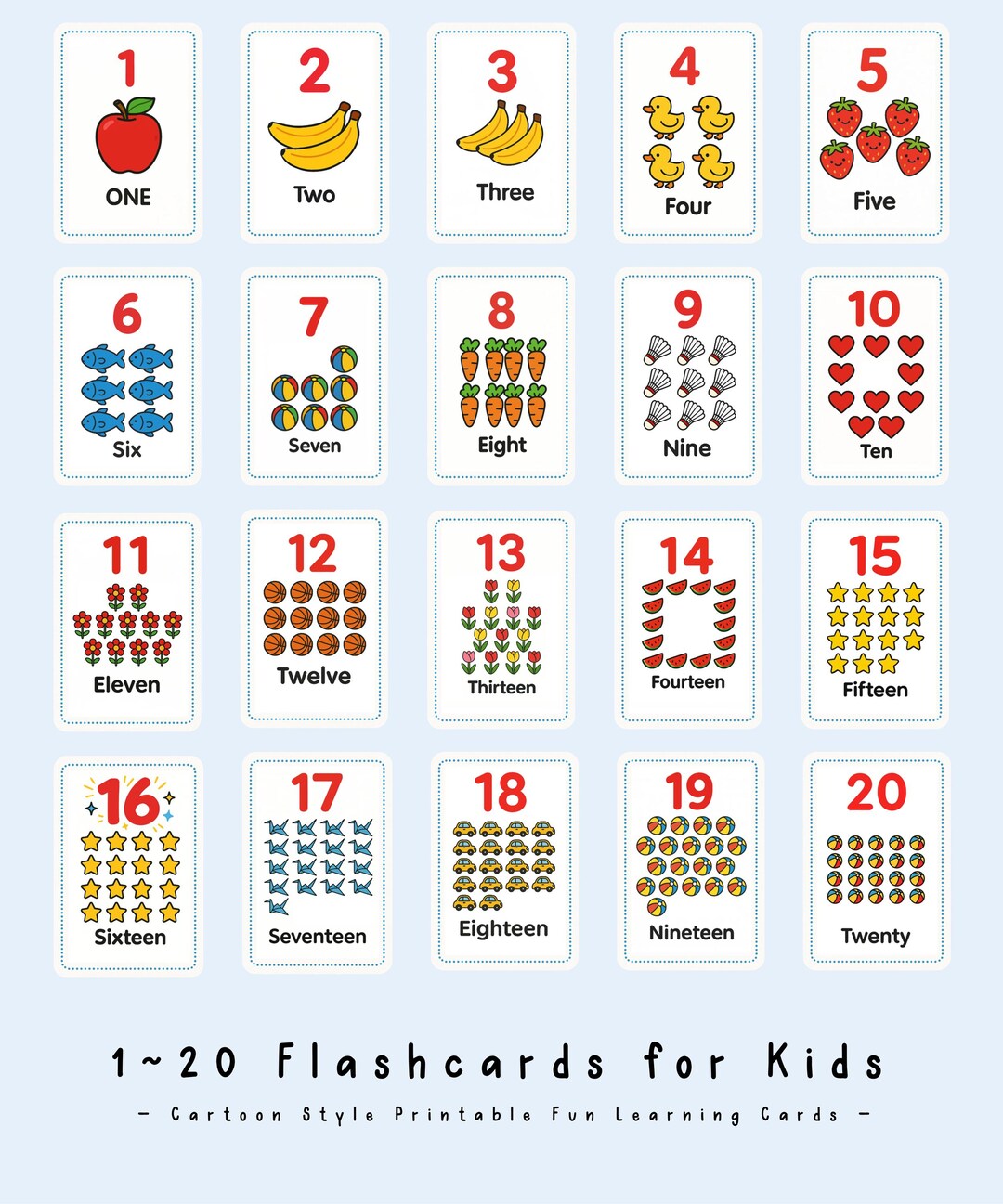 1-20 Number Flashcards for Kids, Printable Preschool Learning Cards ...