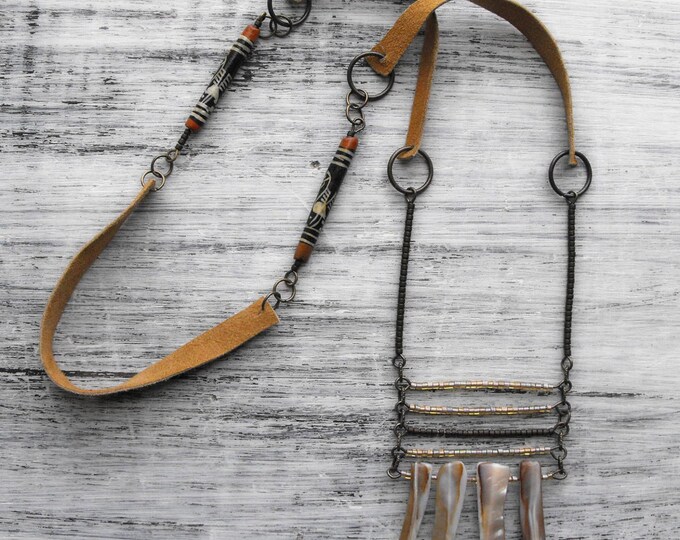 Shell Spike Ladder Necklace With Recycled Suede and Vintage - Etsy