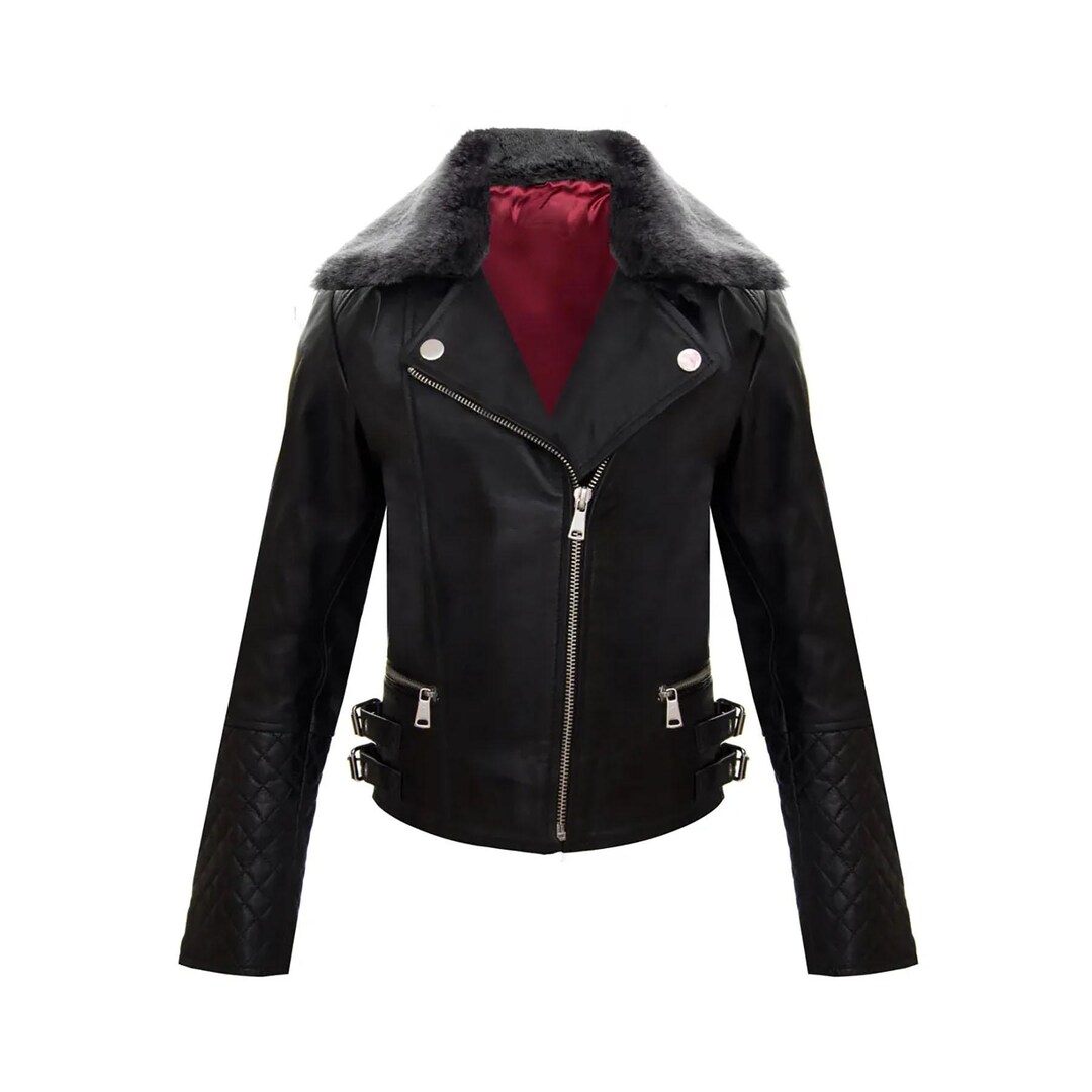 Kids Genuine Leather Jacket, Girls Biker Jacket, Sheepskin Collar, Kids ...