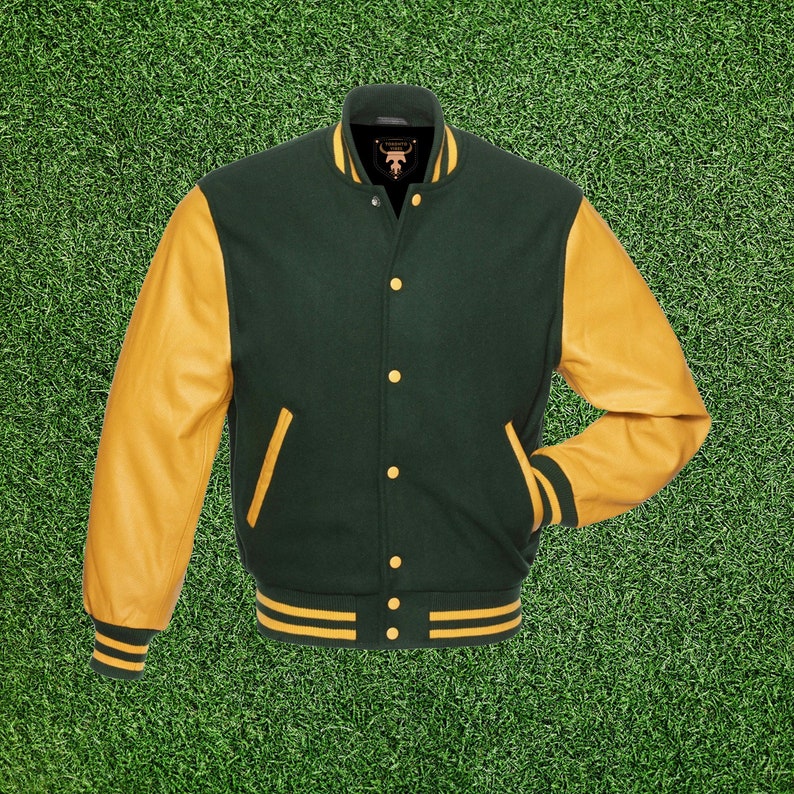 Unisex Varsity Jacket, Forest Wool Gold Leather Varsity Jacket ...