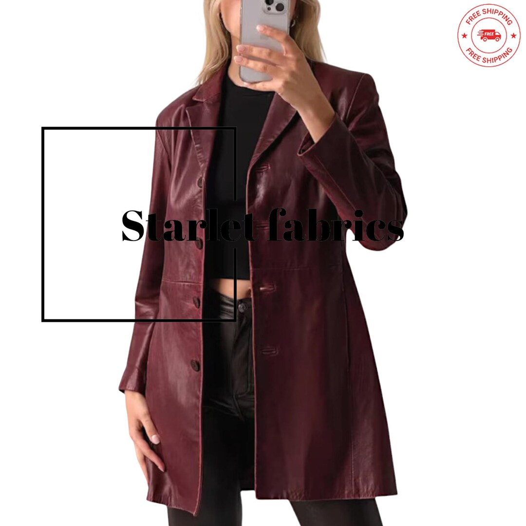 Women Handmade 90's Vintage Burgundy Leather Trench Coat | Ladies Classic Maroon Leather Long ...
