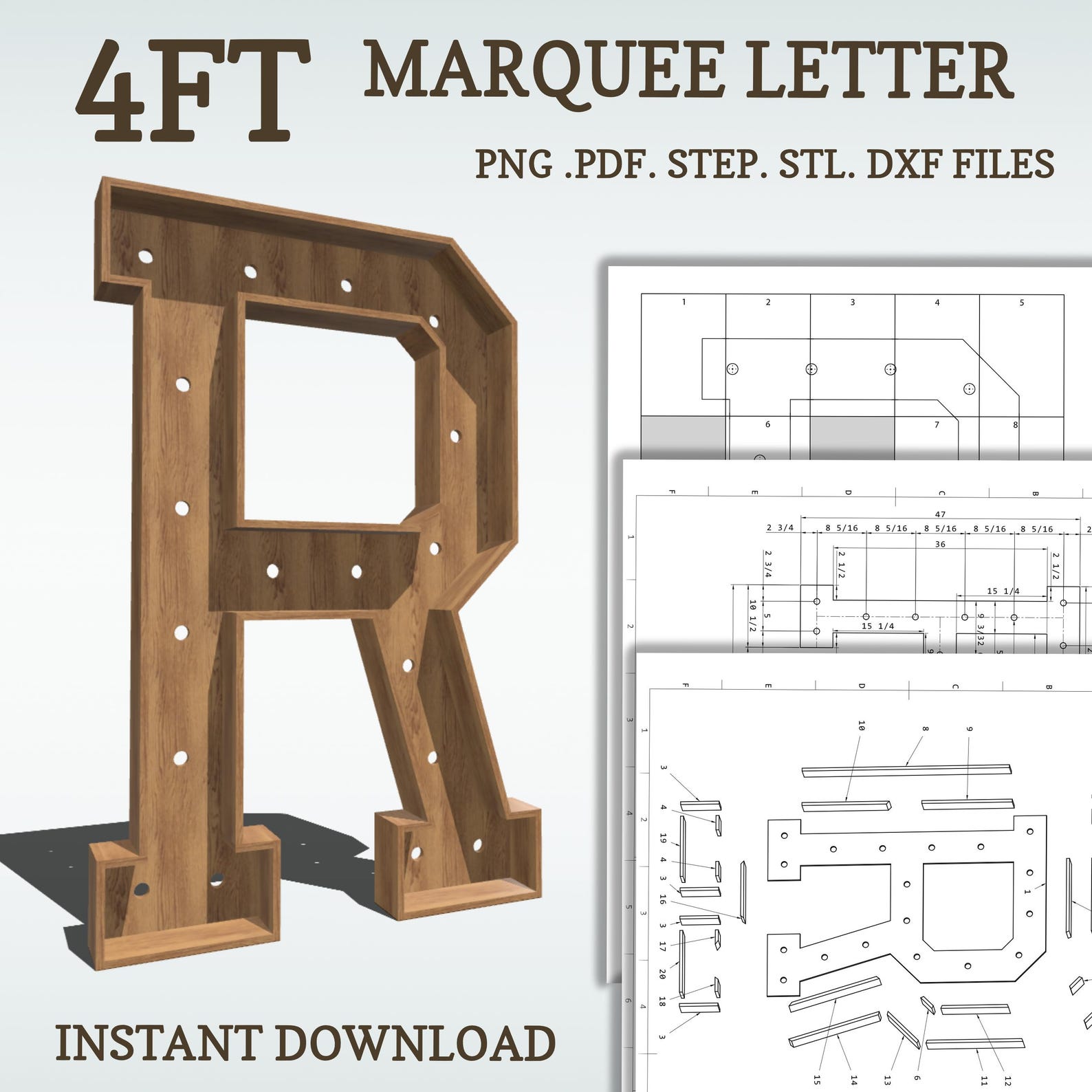4ft DIY Marquee Plans, Letter R. Light up Letter Blueprints, Mosaic ...