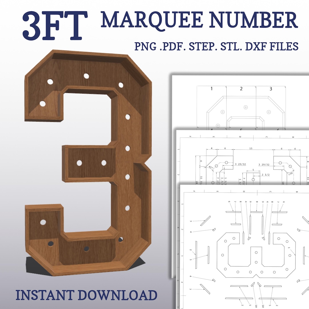 3ft DIY Marquee Plans, Number 3. Light up Number Blueprints, Mosaic ...