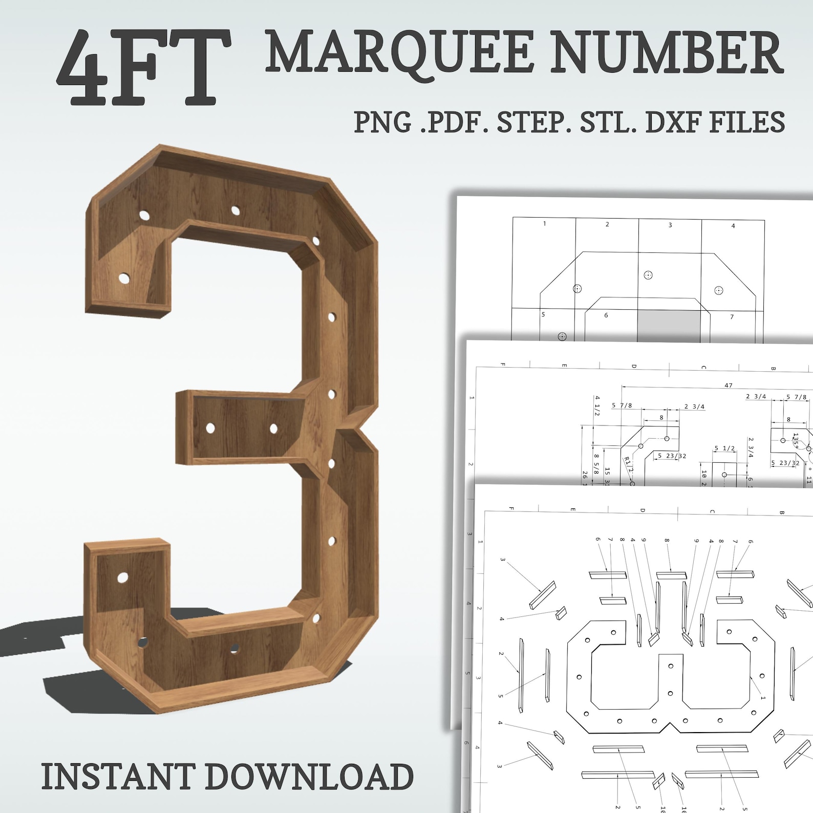 4ft DIY Marquee Plans, Number 3. Light up Number Blueprints, Mosaic ...
