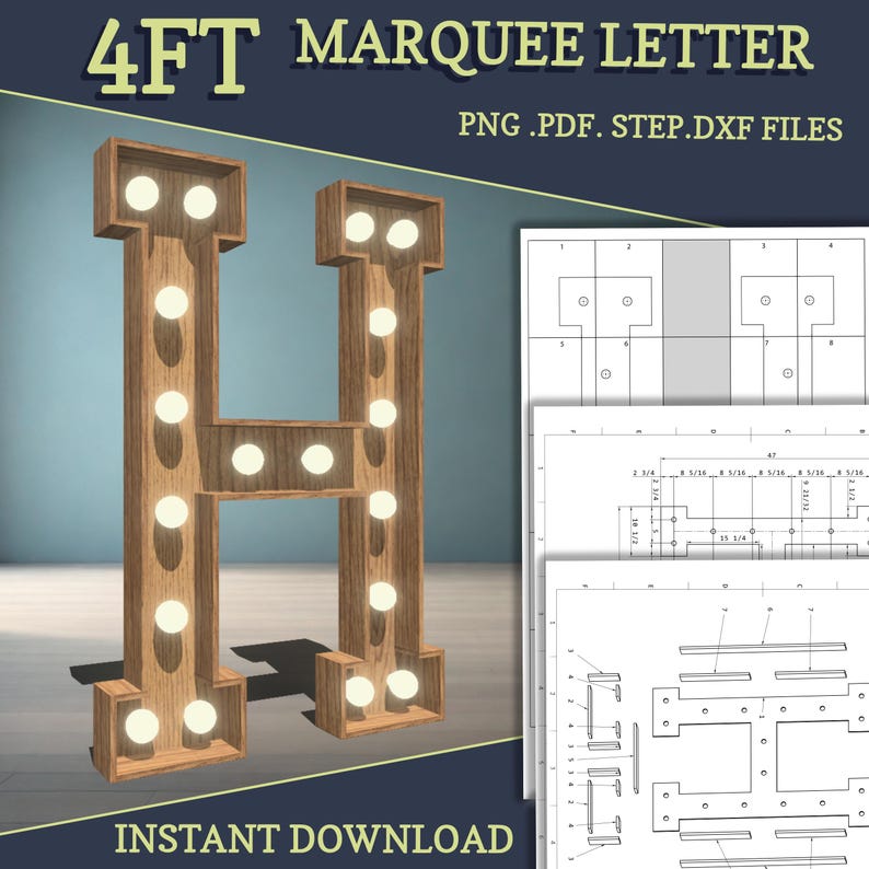 4ft DIY Marquee Plans, Letter H. Light up Letter Blueprints, Mosaic ...
