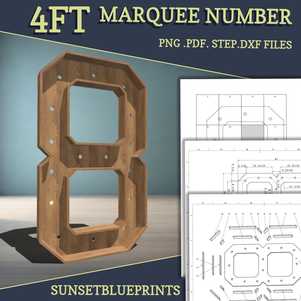 4ft DIY Marquee Plans, Number 8. Light up Number Blueprints, Mosaic ...