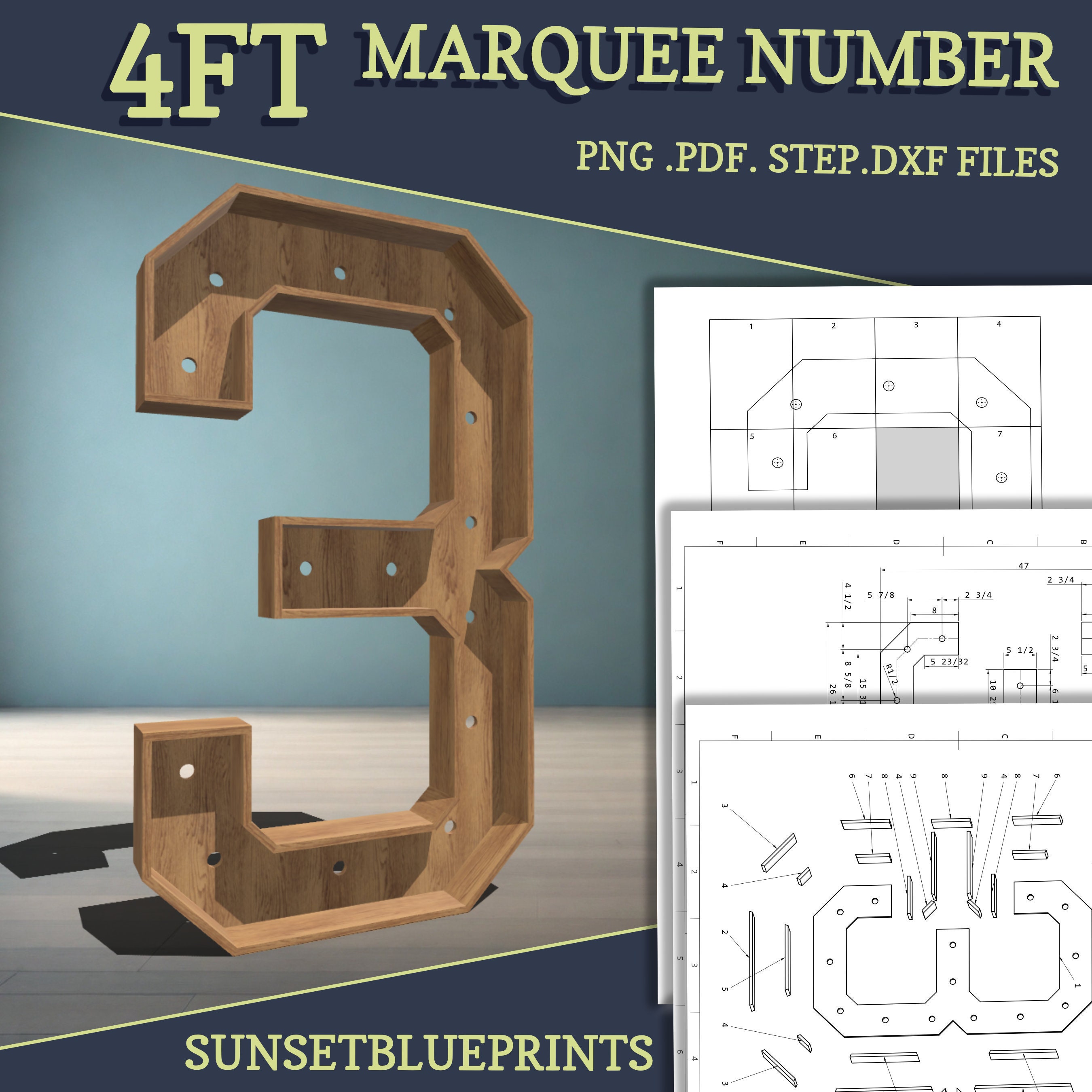 4ft DIY Marquee Plans, Number 3. Light up Number Blueprints, Mosaic ...