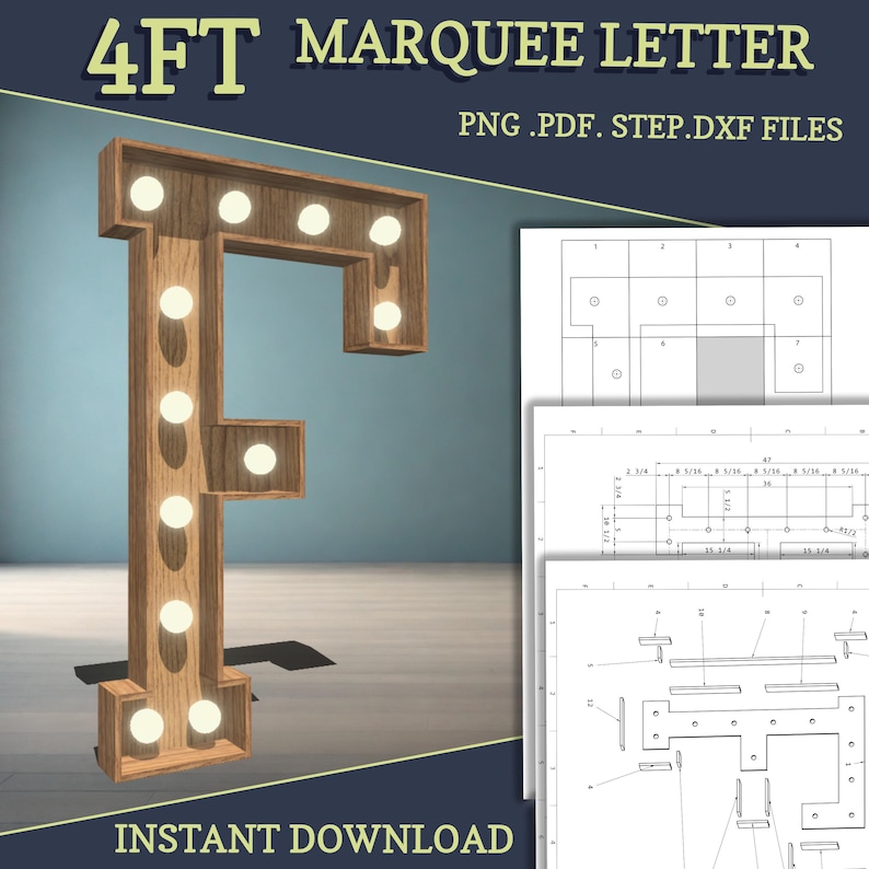 4ft DIY Marquee Plans, Letter F. Light up Letter Blueprints, Mosaic ...