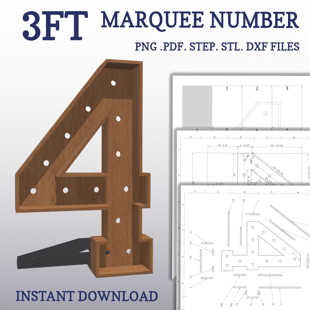 3ft DIY Marquee Plans, Number 4. Light up Number Blueprints, Mosaic ...