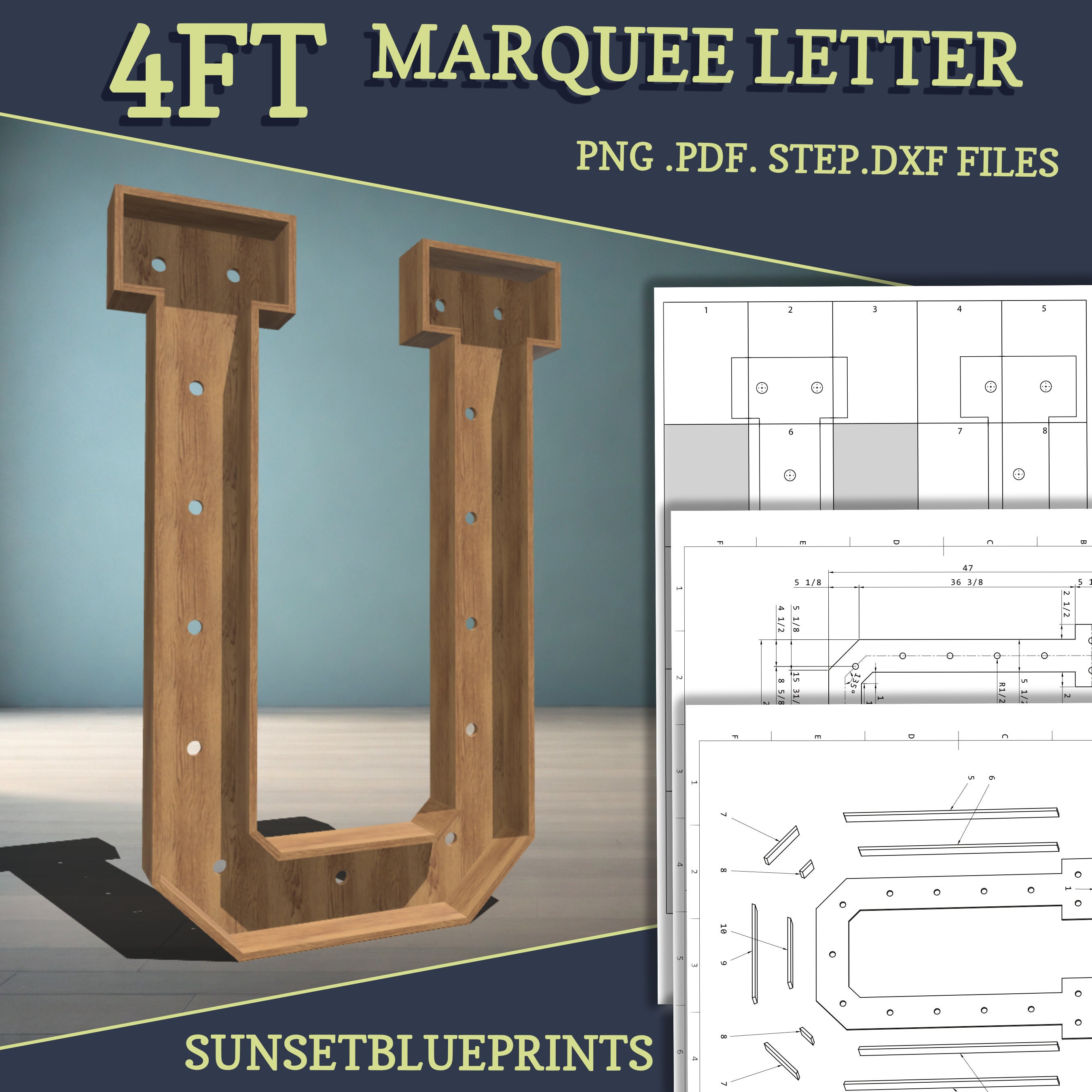 4ft DIY Marquee Plans, Letter U. Light up Letter Blueprints, Mosaic ...