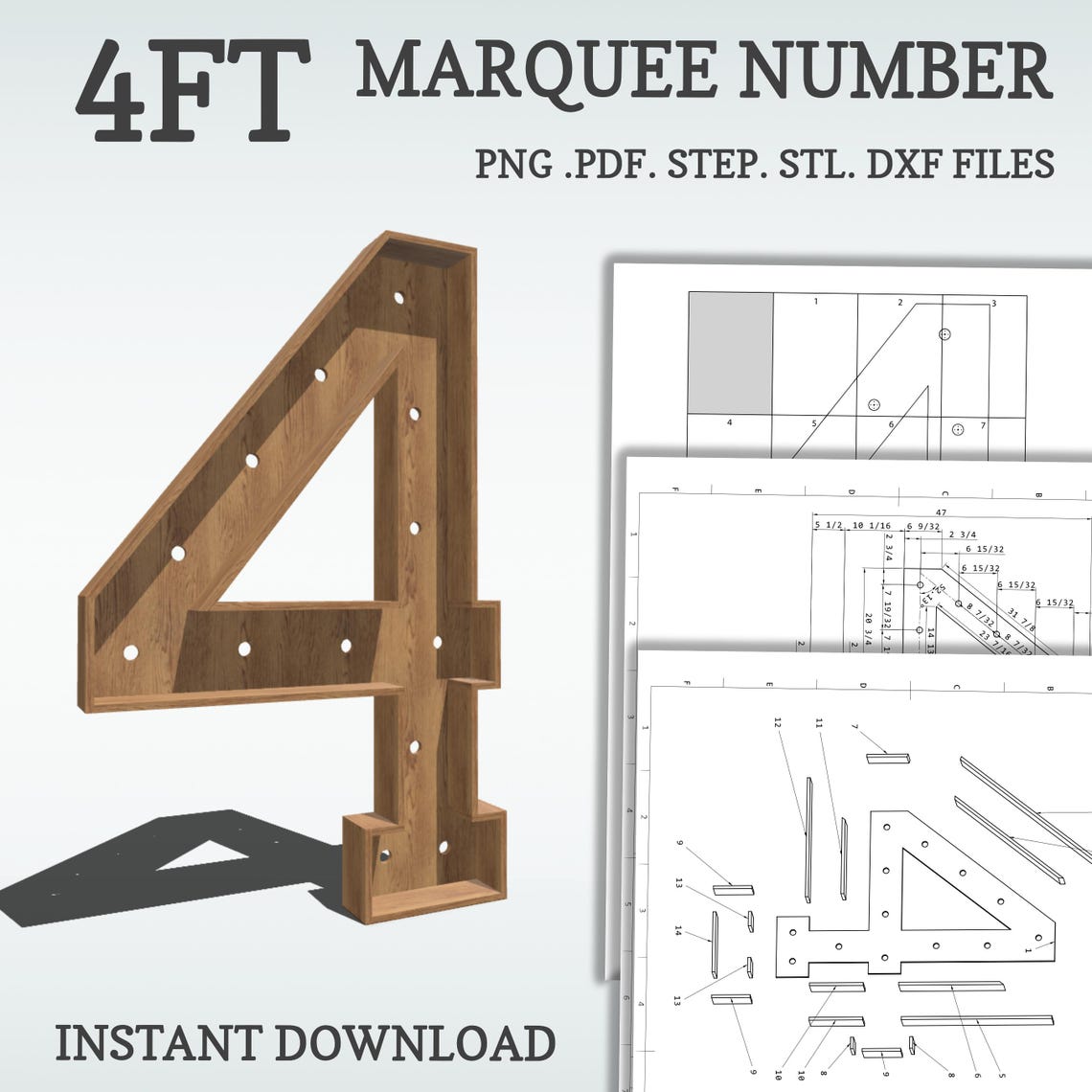 4ft DIY Marquee Plans, Number 4. Light up Number Blueprints, Mosaic ...