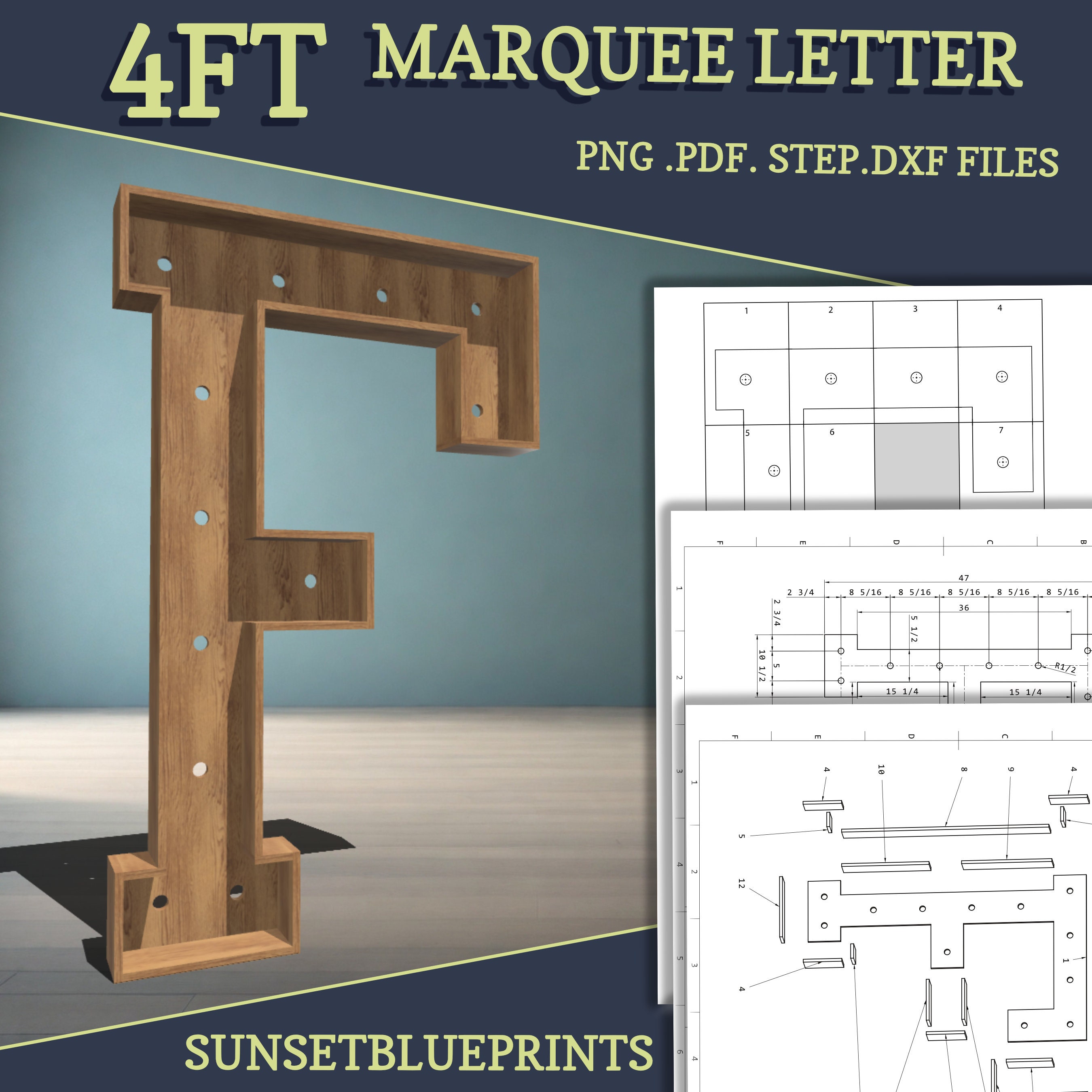 4ft DIY Marquee Plans, Letter F. Light up Letter Blueprints, Mosaic ...