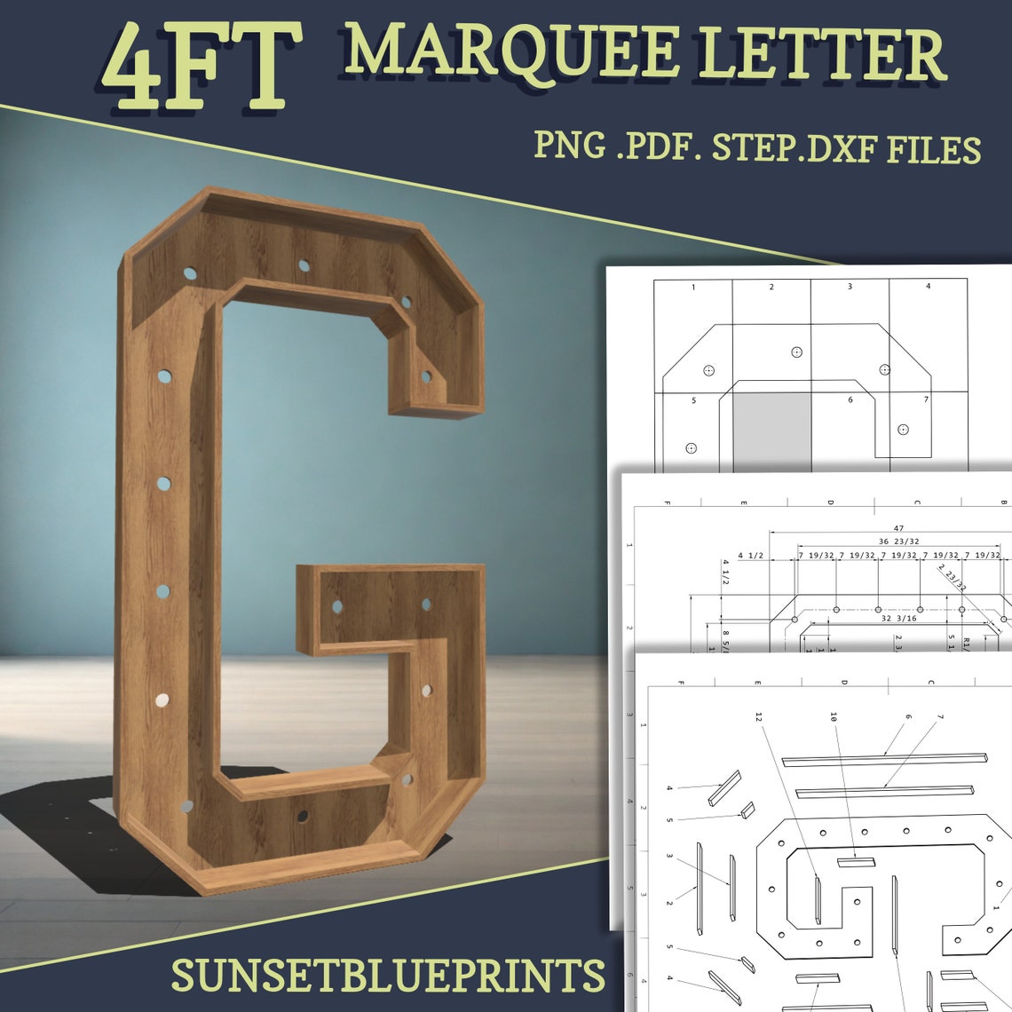4ft DIY Marquee Plans, Letter G. Light up Letter Blueprints, Mosaic ...
