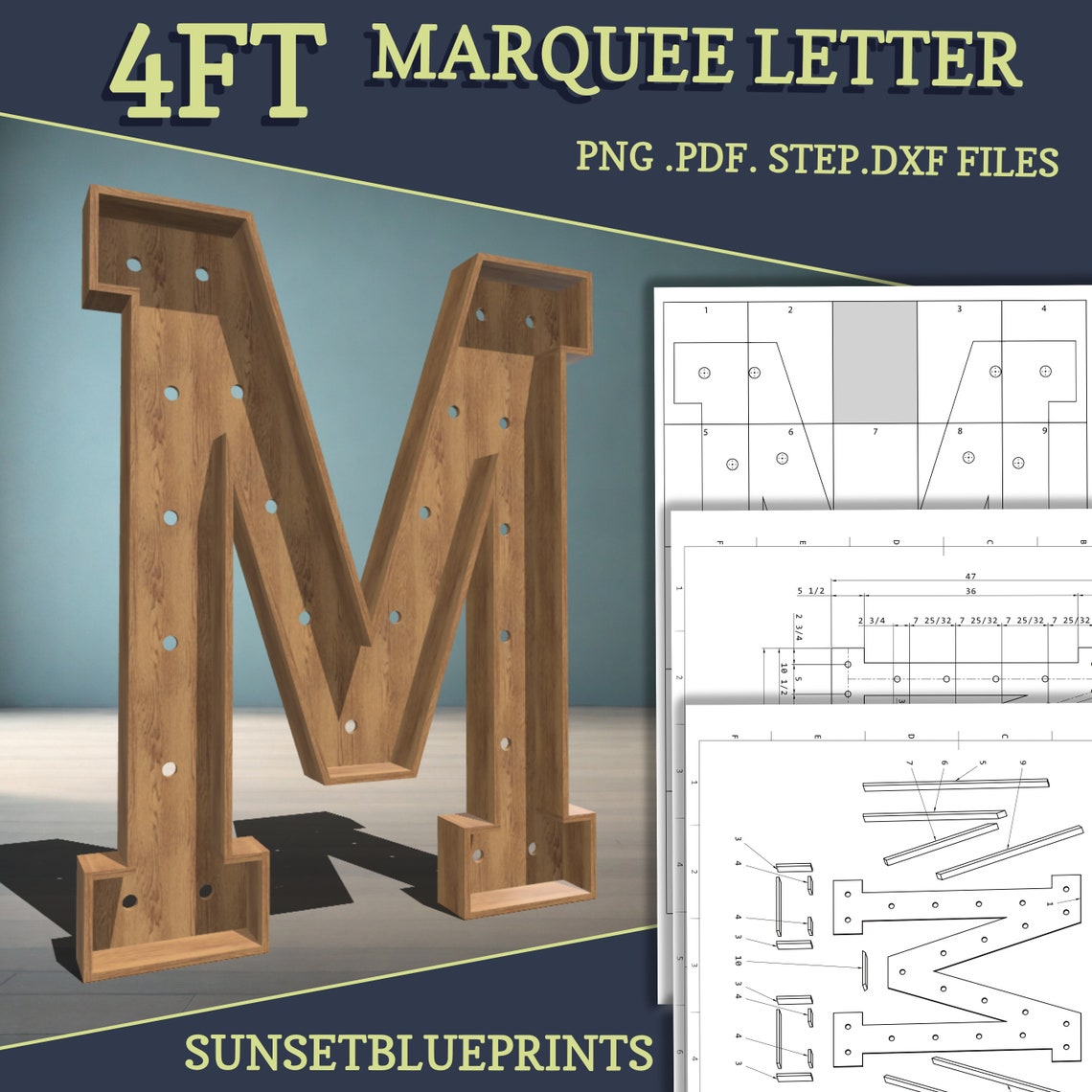 4ft DIY Marquee Plans, Letter M. Light up Letter Blueprints, Mosaic ...
